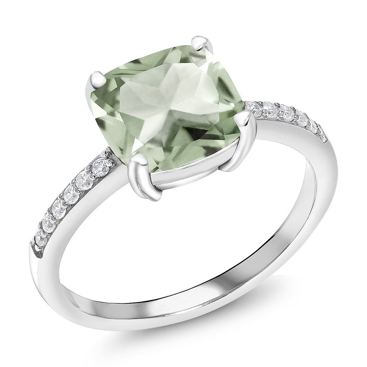 Gem Stone King 2.17 Cttw Green Prasiolite Engagement Ring For Women In 925 Sterling Silver | Cushion Cut 8MM | Gemstone Birthstone | Available in Size 5, 6, 7, 8, 9