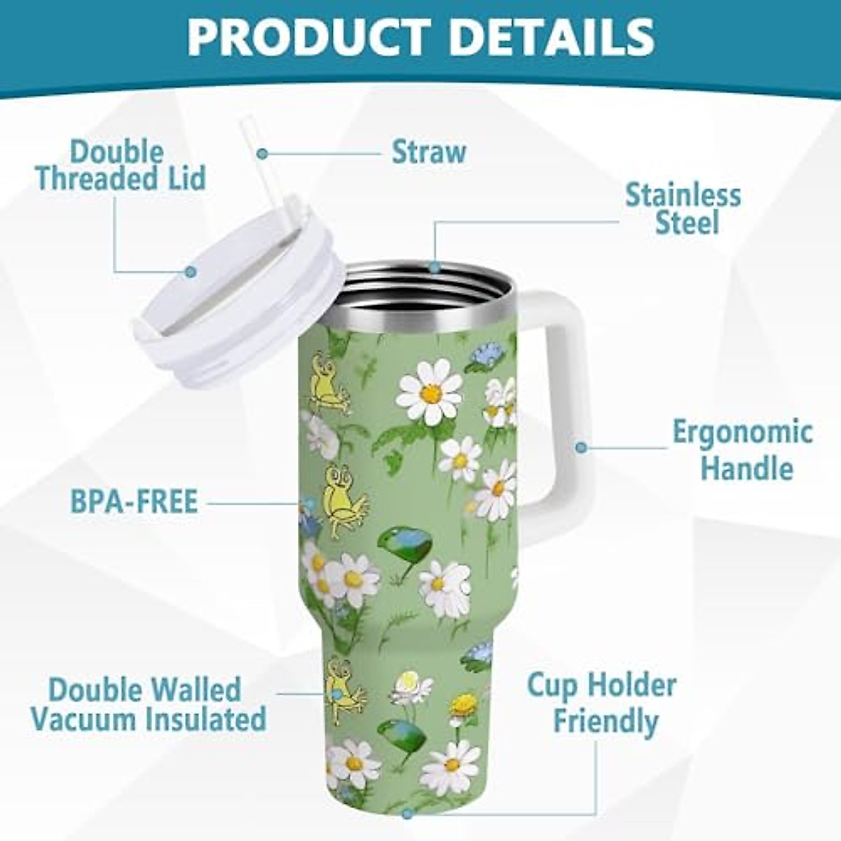 RPLIFE Frogs and Bugs 40 Oz Tumbler with Handle, Stainless Steel Coffee Mug, Insulated Coffee Tumbler