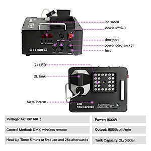 Tengchang Fog Machine for Halloween, 1500W DMX RGB 3 in1 24 LED Smoke Machine Stage Lighting Vertical Spray W/Remote