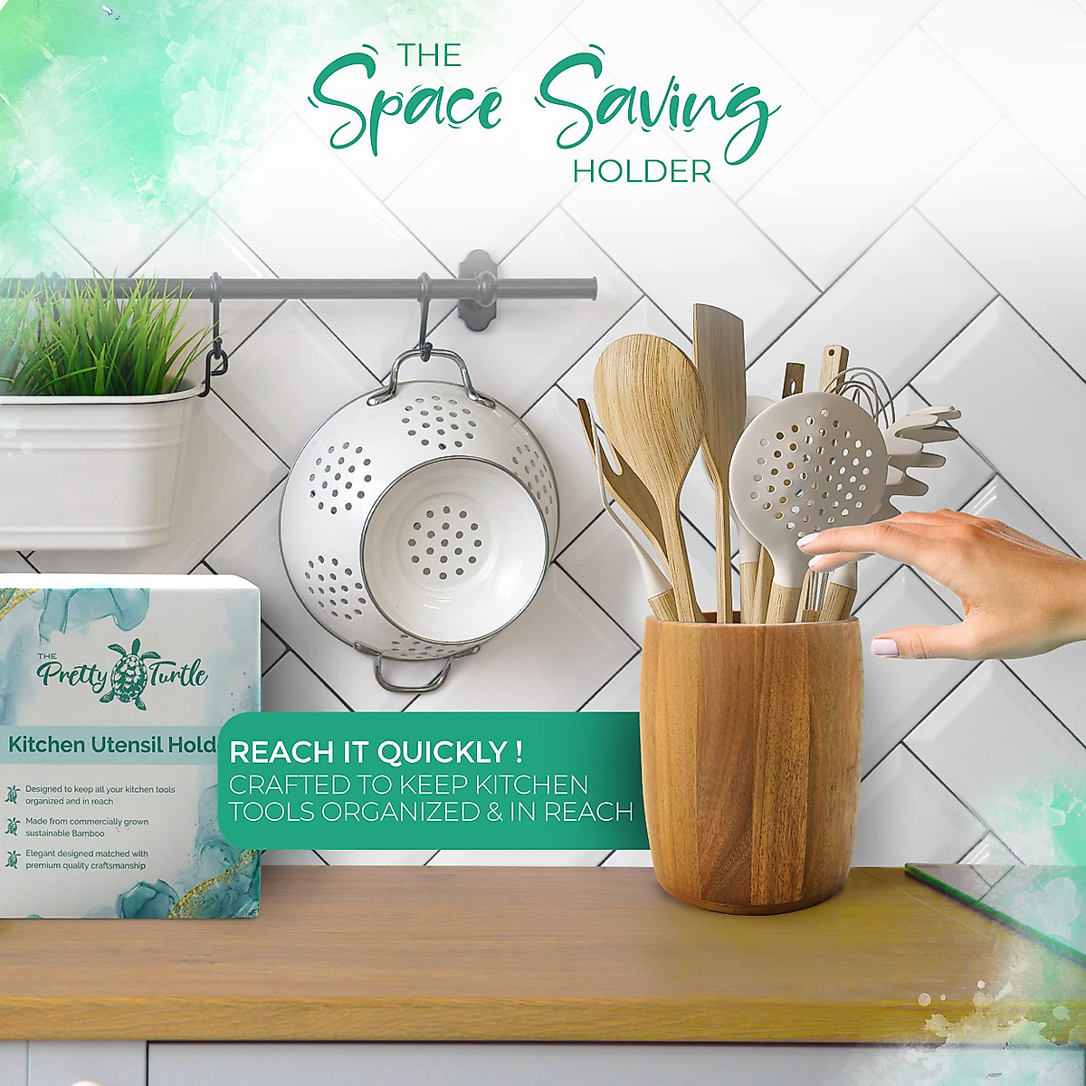 The Pretty Turtle Bamboo Kitchen Counter Utensil Crock Holder Caddy 6" x 4 1/2" (Oval Acacia)