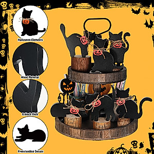 Pinkunn 6 Pcs Halloween Wood Decors with Pumpkin Black Cat Silhouette Decor Wooden Tiered Tray Sign for Home Table Mantel Party Centerpiece