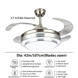 Southerns Lighting 42" Invisible Ceiling Fan with Retractable Blades and Remote Ceiling Fan Light Kit for Bedroom Livingroom Low Profile Kitchen eCiling Fan with Light (Silver-04)