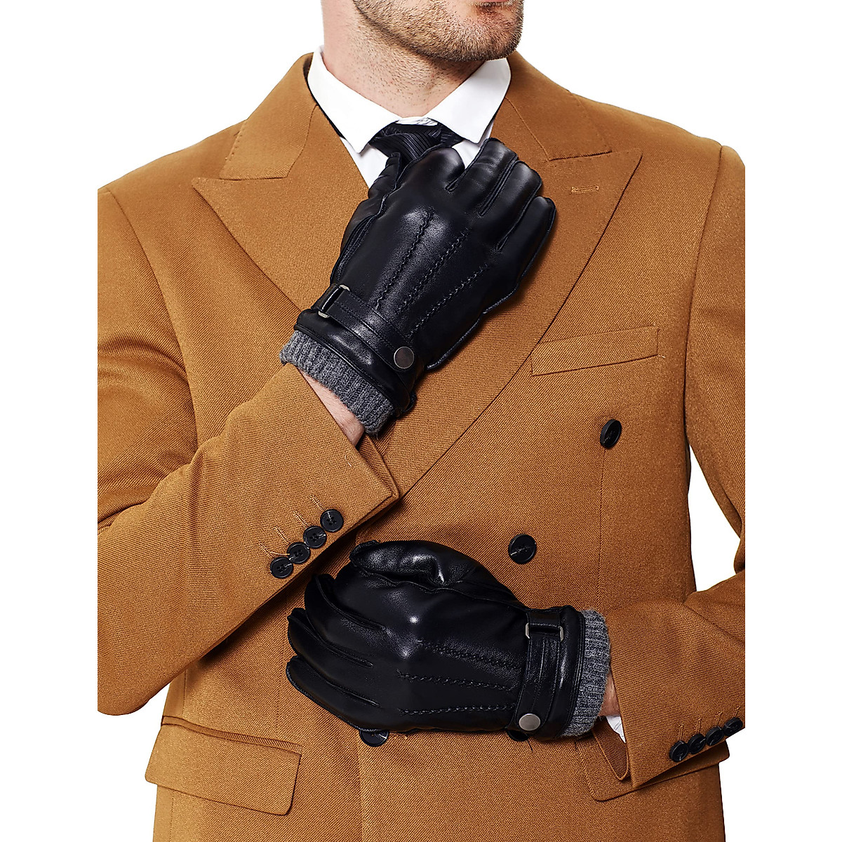 VIKIDEER Super Warm Fur Gloves Mens Leather Gloves Real Rabbit Fur Lined Touchscreen Driving Gloves Black Large