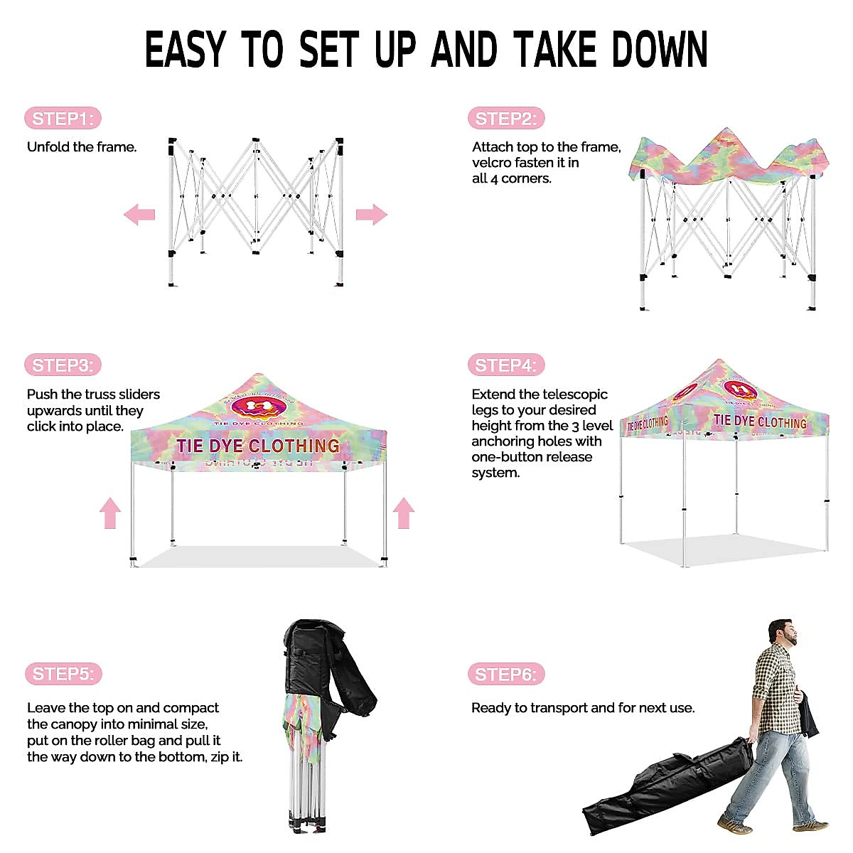 ABLEM8CANOPY Custom Canopy Tent 10x10 with Logo, Personalized Pop Up Canopy Tent with Optional Walls for Business Events, Trade Shows, Farmers Market, Roller Bag Included(TIE DYE)