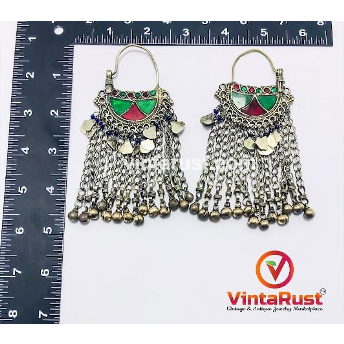 Red and Green Oversized Bells Chaandbaliyaan, Massive Kuchi Boho Earrings With Long Bells, Traditional Afghani Earrings, Vintage Jewelry