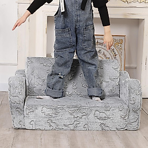 MOMCAYWEX Kids Extra Wide Glow in The Dark Chairs for Toddler, 2-in-1 Toddler Soft Sherpa Couch Fold Out, Convertible Sofa to Lounger for Girls and Boys, Dark Grey