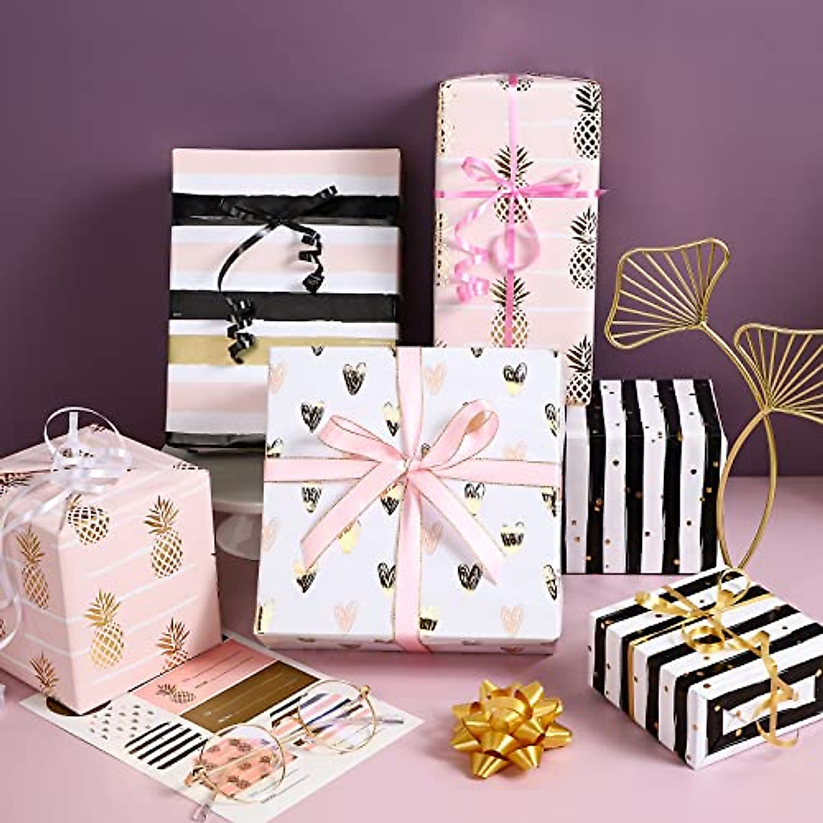 Packanewly Wrapping Paper Roll Set with Cutline on Reverse for All Occasion - Pink Gold White, Black Stripe, Fruit Pineapple Gift Wrap paper Bundle(4 Pack, 100 sq. ft. ttl.) - 30 x 120 Inch Each Roll