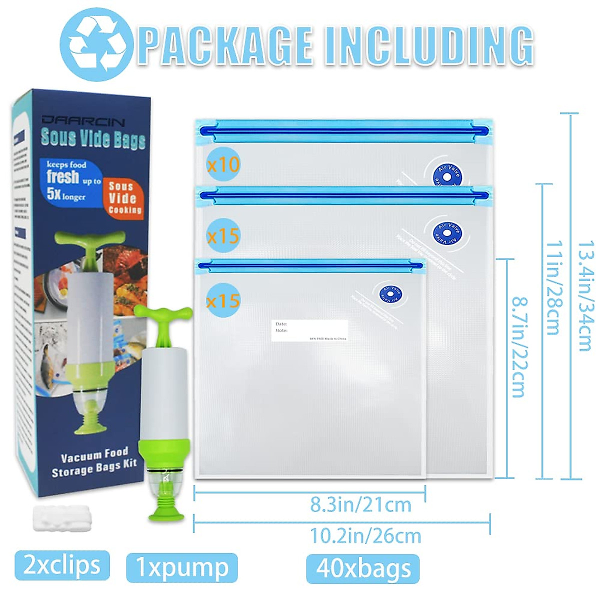 Daarcin 3 Size 40pcs Sous Vide Bags BPA Free Reusable Vacuum Sealer Bags Kit Keep Food Flesh with 1 Vacuum Hand Pump and 2 Sealing Clips