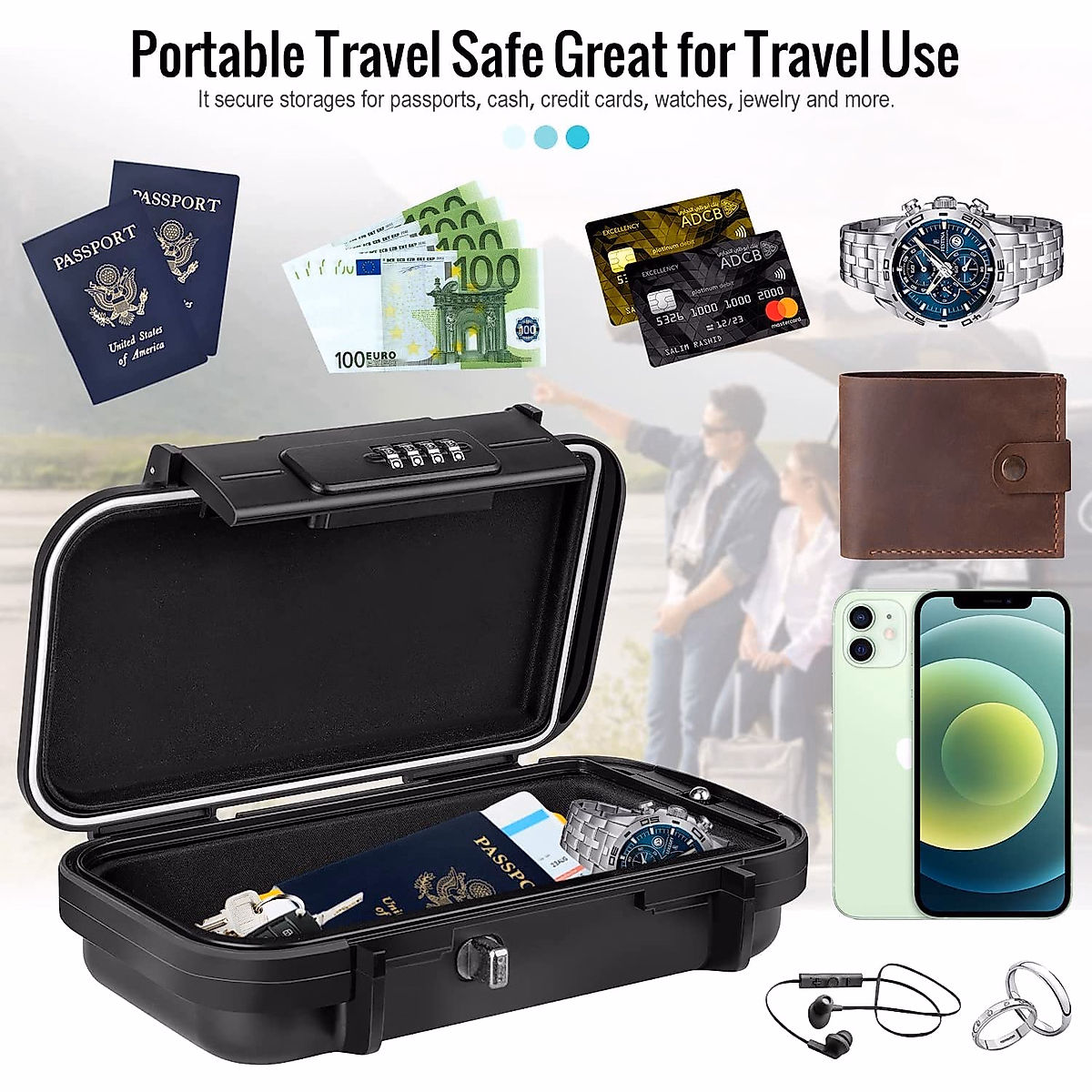 HUANLANG Portable Safe Lock Box with Combination Lock Mini Beach Travel Safe Waterproof Small Lockable Box with Removable Wire Rope Combination Safe Box for Dorm,Travel,Beach,Hotel,Car,Home,Office