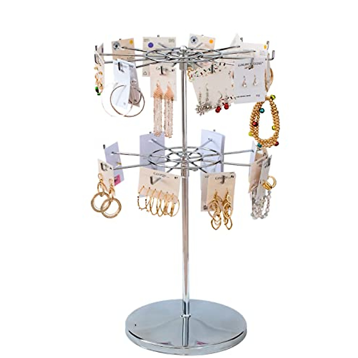 ARIOLUXE Countertop Heavy Duty Metal Rotating Adjustable 2 Tire Spinner Display Stand Rack, Height Adjustable Rotating Jewelry Organizer stand, Chrome Coated Steel(Silver), Comes with 2 Sign Holders