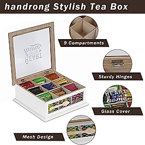 handrong Tea Box for Tea Bag Organizer Wooden Tea Bag Holder Tea Chest with 9 Compartments and Glass Cover for Home Tea Parties and Gift