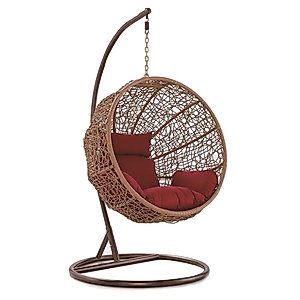 Manhattan Comfort Zolo Egg Patio Swing Chair with Removable Water-Repellent Cushion, All-Weather Metal & Wicker Rattan Hanging Lounge, for Indoor and Outdoor Use, Free-Standing Design, Red