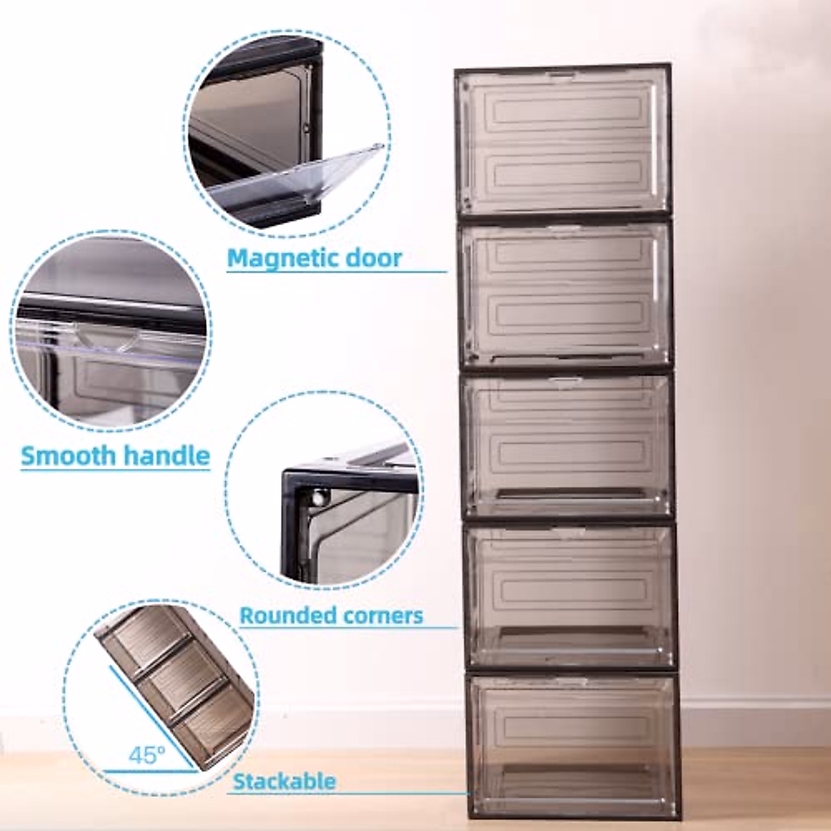 ZLLZUU Shoe Organizer Shoe Storage Boxes, 6 Pack Large Drop Front Shoe Boxes with Magnetic Door, Clear Plastic Stackable Shoe Containers (Black)