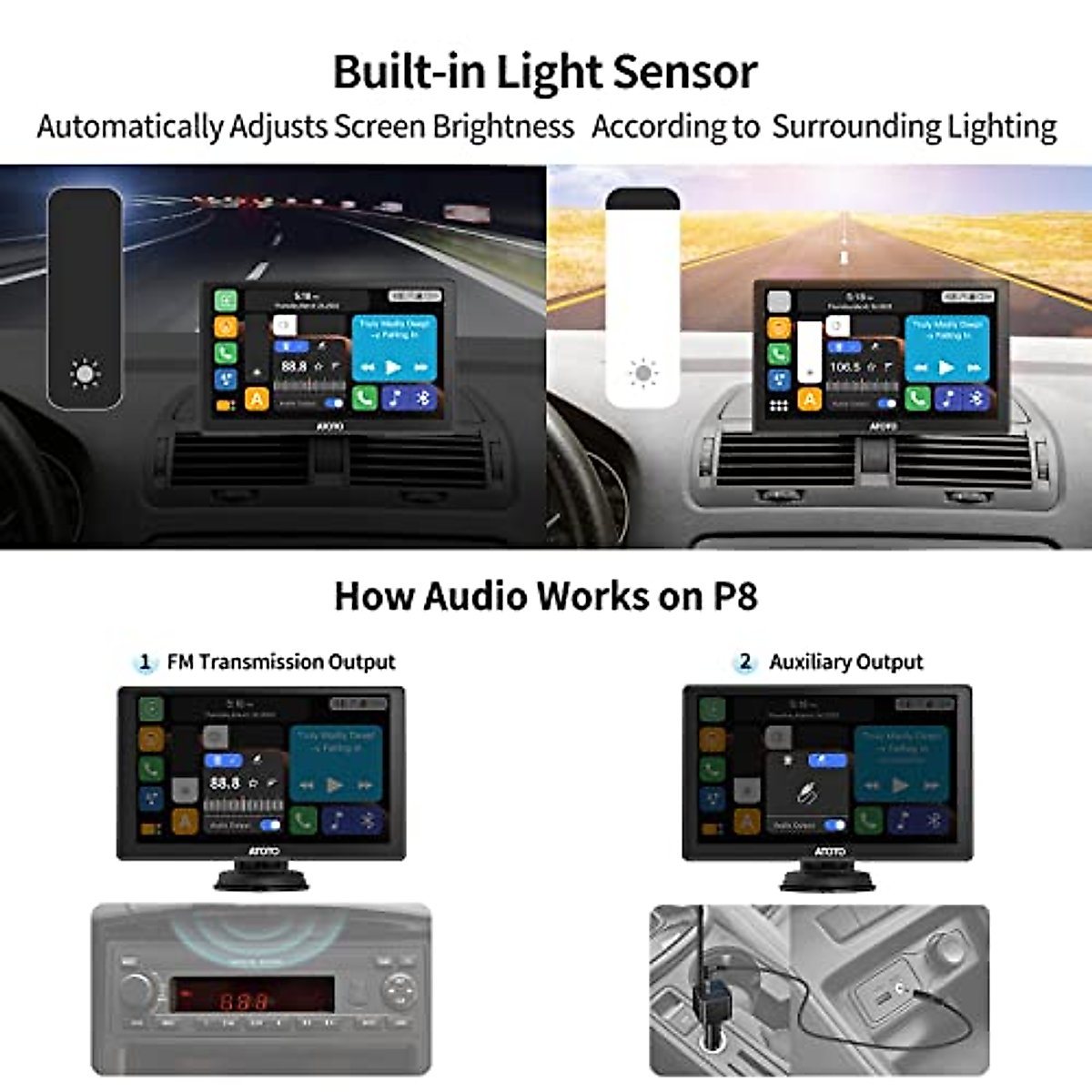 ATOTO P8 Portable 7'' QLED Display Car Radio, with HD 1080P Rear DVR Cam, On-Dash Camera Input, Wireless Carplay & Wireless Android Auto, Remote Control, WDR & Auto Dimmer, AUX/FM Output, P807SD-RC