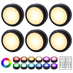 Cadrim Puck Lights, 6 Pack 13 Colors Changeable LED Puck lightings Battery Powered Dimmable Under Cabinet Lights, Battery Powered Under Counter Lights with 2 Wireless Remote Controls, Black