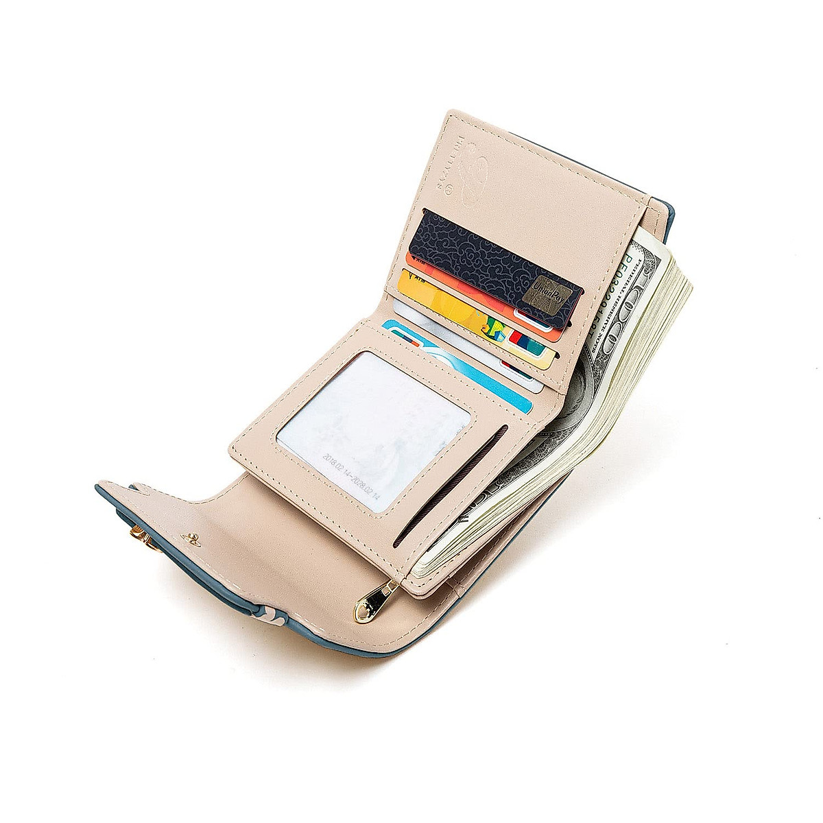 TOPKULL Wallets for Women Rfid Small Womens Wallet Trifold Flower Leather Ladies Wallet with Card Holder&Zipper Coin Purse (Blue)