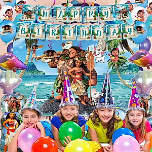 Moana Birthday Party Supplies, Birthday Party Decorations Including Banner Balloons Cupcake Toppers Tablecloth Tableware Background for Moana Theme Party Decorations