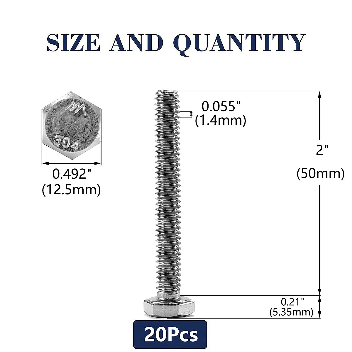5/16-18 x 2" Hex Head Screw Bolt, 20Pcs 18-8 (304) Stainless Steel, Fully Threaded, Plain Finish, by SG TZH