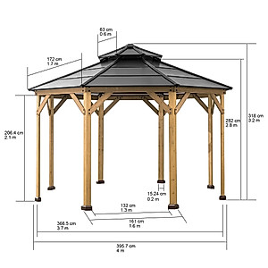 Sunjoy Ion Collection 13 x 13 ft. Cedar Framed Octagon Wood Gazebo with Brown Double Tiered Steel Hardtop Roof and Ceiling Hook for Garden, Backyard Shade
