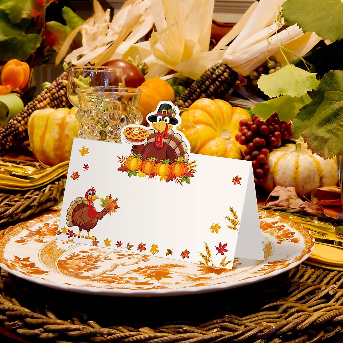 25 PCS Thanksgiving Table Place Cards, 3.5 x 2 Inch Turkey Themed Tent Place Cards for Table Setting, Festive Thanksgiving Day Name Cards, Autumn Fall Harvest Design for Holiday Dinner Party Supplies