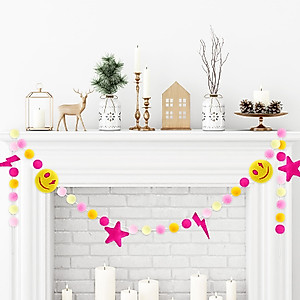 Whaline Preppy Felt Banner 3D Pink Face Lighting Star Banner Felt Ball Garland Pre-Assembled Preppy Theme Bunting Garland for Back to School Dorm Classroom Hanging Decoration Party Supplies