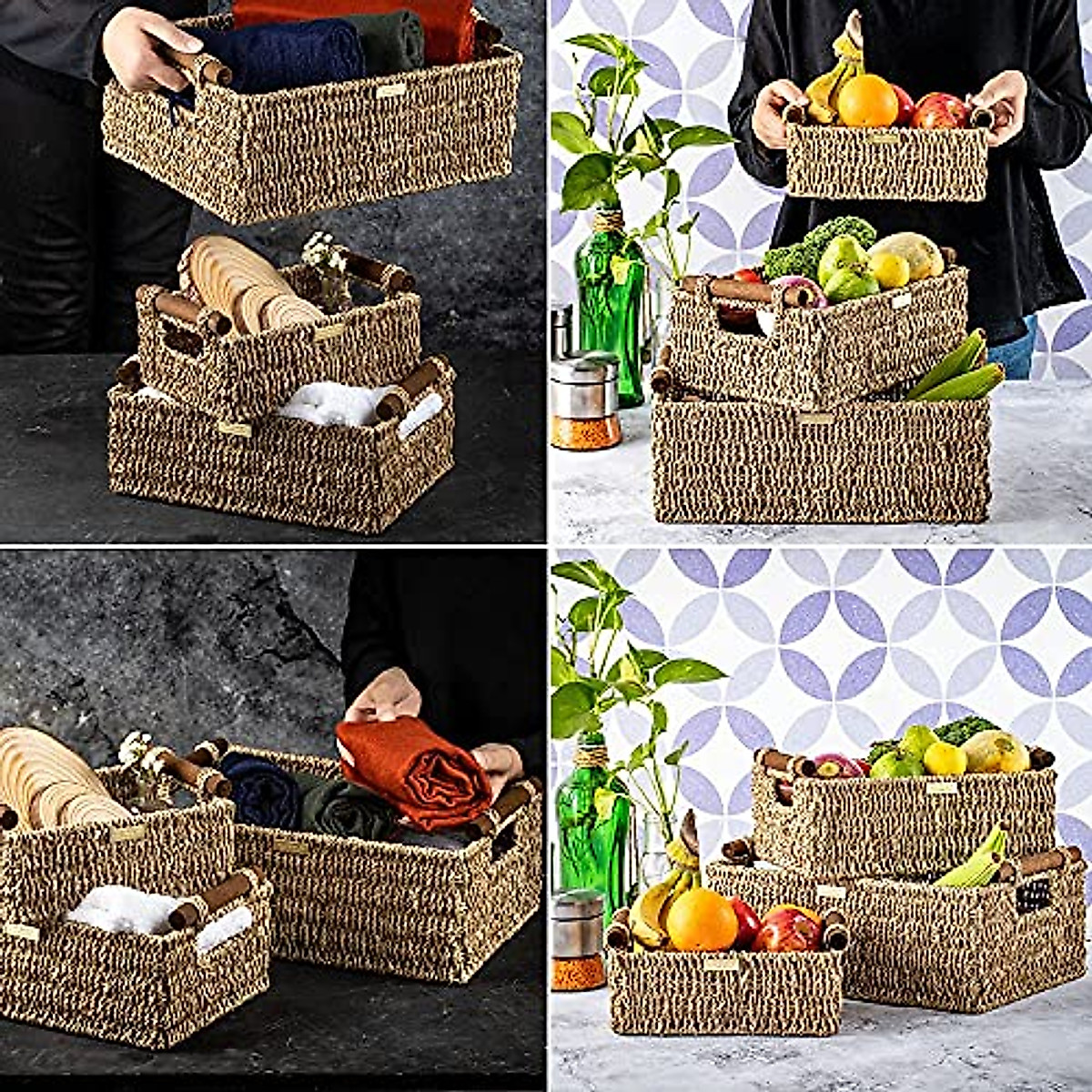 ADO Basics Wicker Basket with Stain Resistant Wooden Handles, Seagrass Wicker Baskets for organizing 14.6"x10.3"x6.2" and 12"x8.3"x5.1" and 9.5"x6.6"x4.1", Set of 3