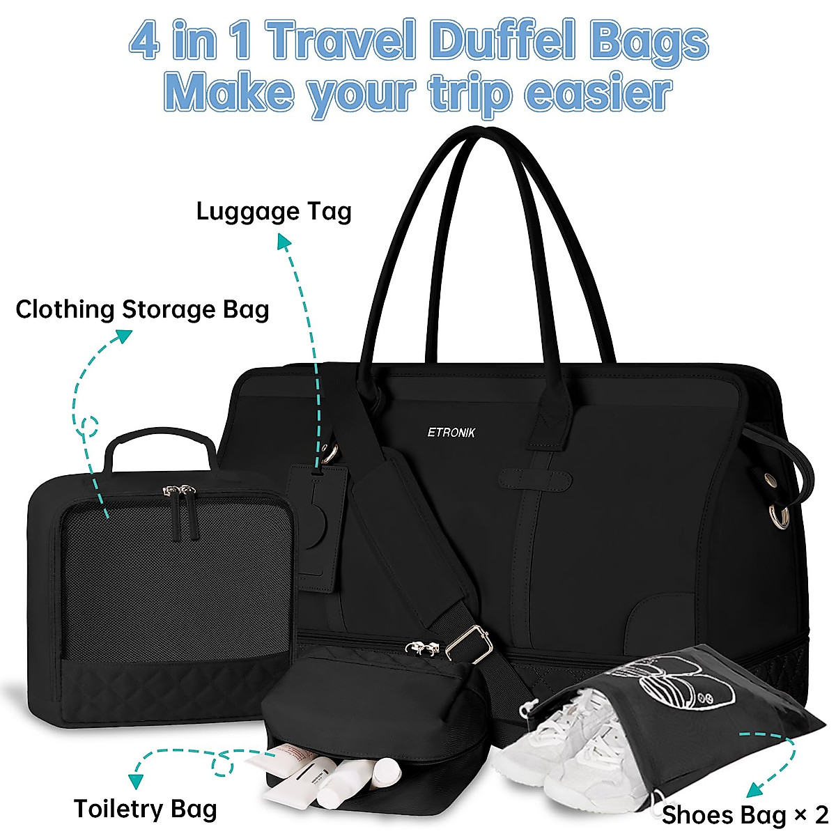 ETRONIK Weekender Overnight Bag for Women, Large Travel Duffle Bag with Shoe Compartment & Wet Pocket, Carry On Tote Bag Gym Duffel Bag with Toiletry Bag for Hospital 4 Pcs Set, Large Size, Black
