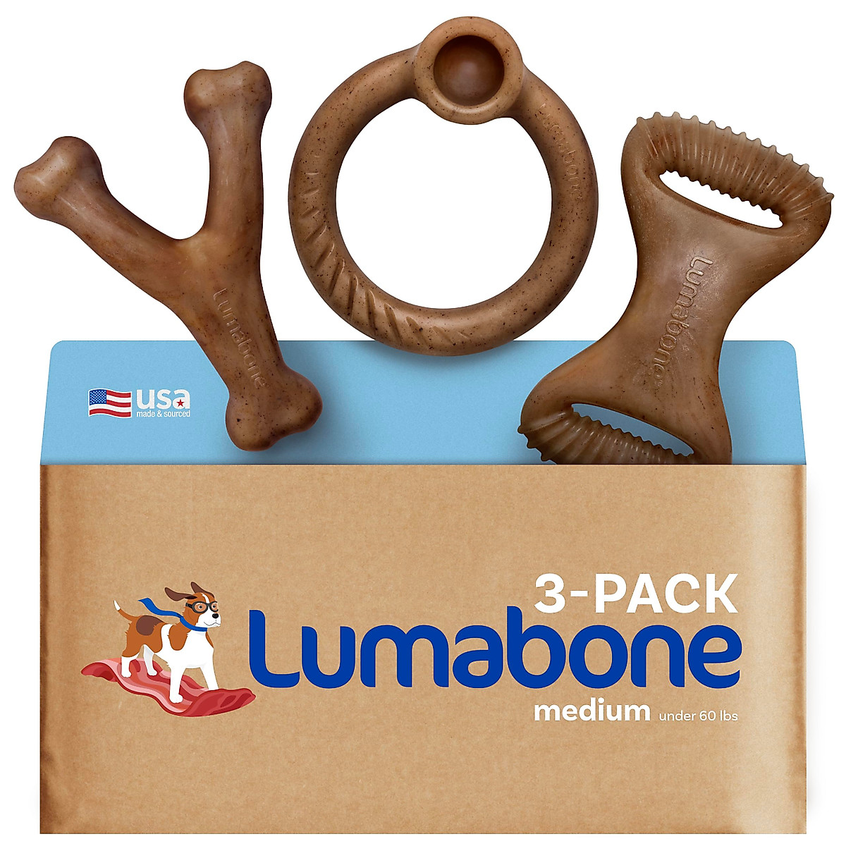 Lumabone Real Bacon Medium 3-Pack Durable Dog Chew Toys for Aggressive Chewers, Made in USA & Real Bacon 3-Pack Dog Toys for Aggressive Chewers,Wishbone, Dental Chew, Ring Bacon Medium