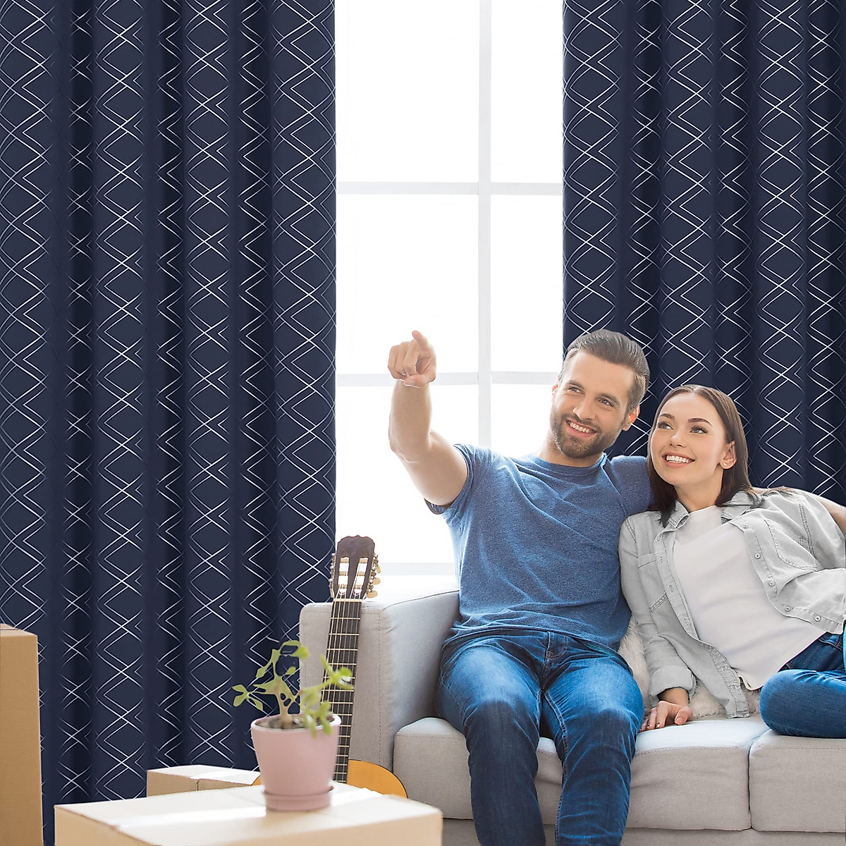 Deconovo Sliding Glass Door Curtains (52x108 Inch, Navy Blue/Silver, 2 Panels) Light Blocking Panels, Thermal Drapes, Silver Patterned Window Treatments