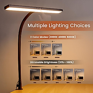 NovoLido LED Desk Lamp with Clamp, 23" Wide Desk Light for Home Office, 20W Brightest, 2000LM, 3 Color Modes & Dimmable Brightness with Touch Control, Tall Flexible Light for Monitor Studio Reading