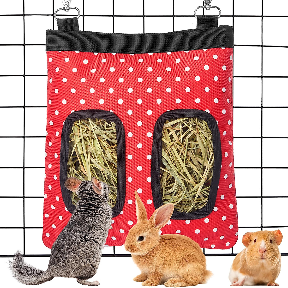 Petbank Rabbit Hay Feeder Guinea Pig Hay Feeder, Hanging Rabbit Hay Feeder Bag with 2 Holes for Chinchilla Hamsters Rabbit Guinea Pig Small Pets