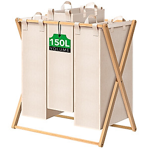 Ollieroo Laundry Hamper,150 Liters Collapsible Laundry Basket 3 Section,Large Capacity Bamboo Laundry Basket Sorter,Foldable X-Frame Dirty Clothes Hamper for Bedroom, Laundry Room, Bathroom,Beige