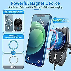 Magnetic Wireless Car Charger Mount, Auto-Alignment Dashboard Windshield Car Wireless Charger Holder Compatible with iPhone 13/12/Mini/Pro/Pro Max/MagSafe Case, 15W Fast Charging with QC3.0 Adapter