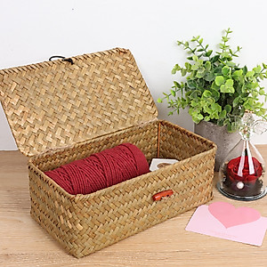 Moosky Wicker Shelf Baskets with Lid,Handwoven Seagrass Basket for Storage Basket Bins Rectangular Home Organizer Gift Boxes (Natural Large)