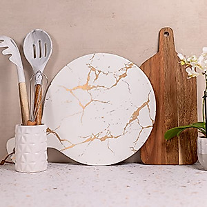 Round marble ceramic cutting board. Marble trivet in white or black with gold veins and leather chord. Cheese serving tray slab to display with kitchen accessories. Vanity tray for countertop. (White)