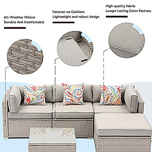 SUNBURY 5-Pieces Outdoor Furniture Set, All-Weather Wicker Patio Conversation Sets Sectional Sofa w 3 Pillows, Cushions, Coffee Table, Ottoman, Patio Furniture Set for Backyard Garden Pool (Grey)