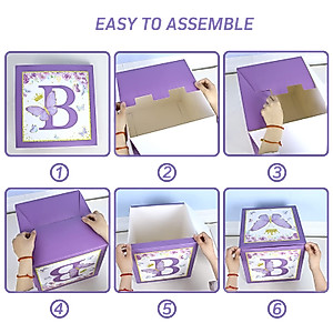 DataMoon Purple Butterfly Baby Shower Boxes Decorations - 4 Purple Balloons Boxes with BABY Letter, Printed Letters,First Birthday Centerpiece Decor, Baby Blocks for Girl, Gender Reveal Backdrop