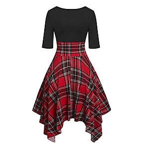Summer Dresses for Women 2025 Casual Fashion Gingham Plaid Skater Dress School Girl Teen Sexy Cut Out Y2K Clothes Cleavage Fit and Flare Flowy Swing Pleated Irregular Hem Midi Dress(E-Red,XX-Large)