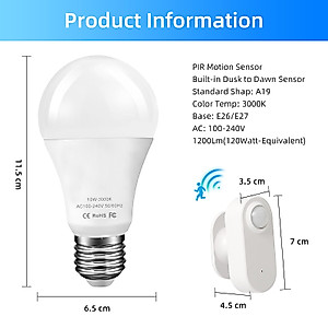 Motion Sensor Light Bulbs, 10W (120W Equivalent) 1200lm Motion Activated Dusk to Dawn Security LED Bulb, 3000K Warm White, A19/E26, Auto On/Off Indoor Outdoor Lighting, for Garage Basement Hallway