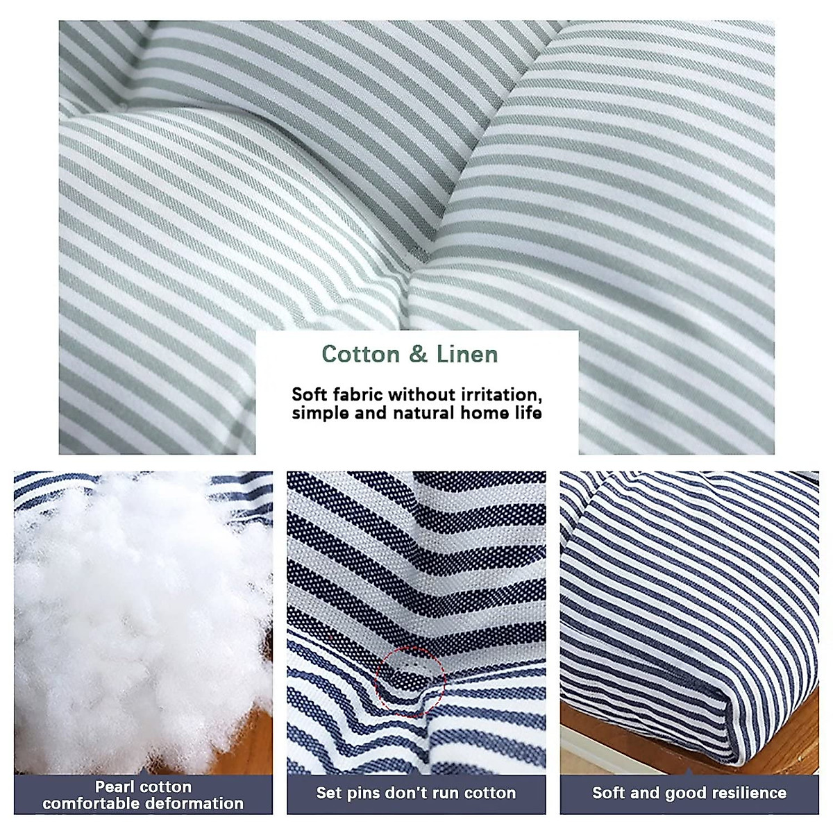 Striped Chair Cushion Round Floor Pillow,Thickened Seat Cushion Canvas Fabric Pearl Cotton Filled Inner Core,Home Office Soft Chair Cushions 17'' Blue