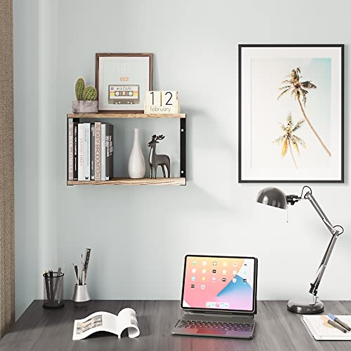 Wallniture Roca 17"x6" Bookshelf for Living Room Decor, Bathroom Organizer Shelf for Bathroom Accessories, 2 Tier Floating Shelves for Bedroom, Office, Burnt Finish