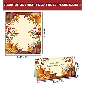 Fall Thanksgiving Table Place Card, 25 Pcs Tent Style Cards Set with Pumpkin and Maple Leaf, Editable Name Cards for Table Seating, Scored for Easy Folding, Food Lables for Autumn Party (05)