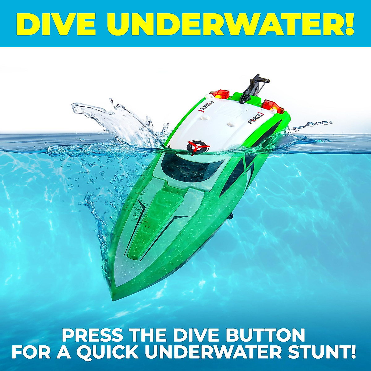 Force1 Velocity Green Fast RC Boat- Remote Control Boats for Adults and Kids, Underwater Speed Racing Mini RC Toy for Pools and Lakes, 2.4GHZ Transmitter, 2 Rechargeable Batteries, Low Battery Alert