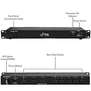 PDU Power Strip Surge Protector - 1U Rack Mount Protection Power Outlet Strip W/AC Filter - PylePro PCO850 & 19-Inch 1U Server, Vented Shelves for Good Air Circulation Cantilever Wall Rack, Black