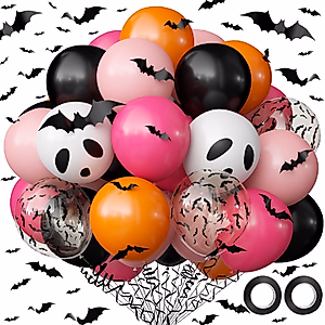 OuMuaMua Halloween Party Decorations Balloons Set, 62Pcs Black Pink Rose Orange Balloons Ghost Bat Print Balloons with 3D Bats for Kids Girls Halloween Birthday Party Decorations Baby Shower Supplies
