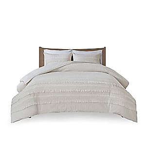 Madison Park Amaya 100% Cotton Duvet Set - Seersucker Design with Tassel Trims Accent, Breathable Cover for Comforter, All Season Bedding with Matching Sham, King/Cal King(104"x92") Ivory 3 Piece