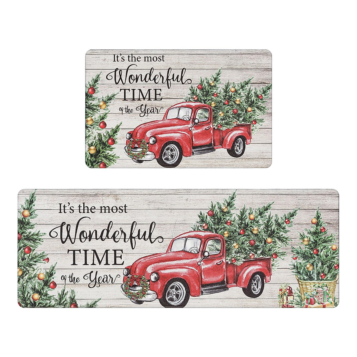 U'Artlines 2Pcs Christmas Anti Fatigue Kitchen Rugs and Mats, Red Truck Tree Non Slip Foam Cushioned Farmhouse Kitchen Floor Mats Comfort Standing Mats for Winter Home Decor