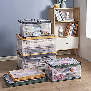 Folding and Stackable Bin with Lid | Storage Container | Storage Organizer | Storage Totes | Trunk Organizer, 45 Liter, Set of 2, Clear & Gray