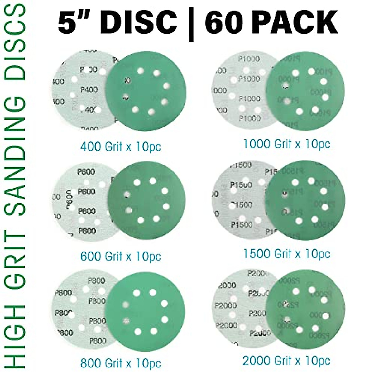LotFancy 5 Inch 8 Hole Sanding Discs - 60PCS 400 600 800 1000 1500 2000 Grit Wet Dry Sandpaper Fine Grit Assortment, Green Film Backed, Hook and Loop Random Orbital Sander Sand Paper