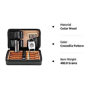 CiTree Cigar Case, Cedar Wood Travel Portable Leather Cigar Humidor with Cigar Lighter and Cutter, Black Crocodile Pattern